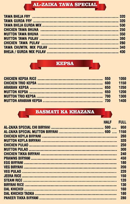 Menu at Al Zaika Dhaba Kurla, Mumbai