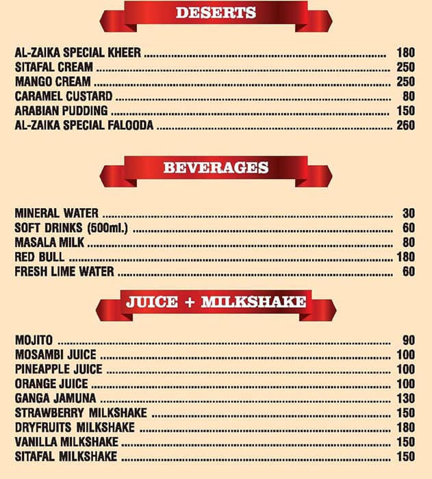 Menu at Al Zaika Dhaba Kurla, Mumbai