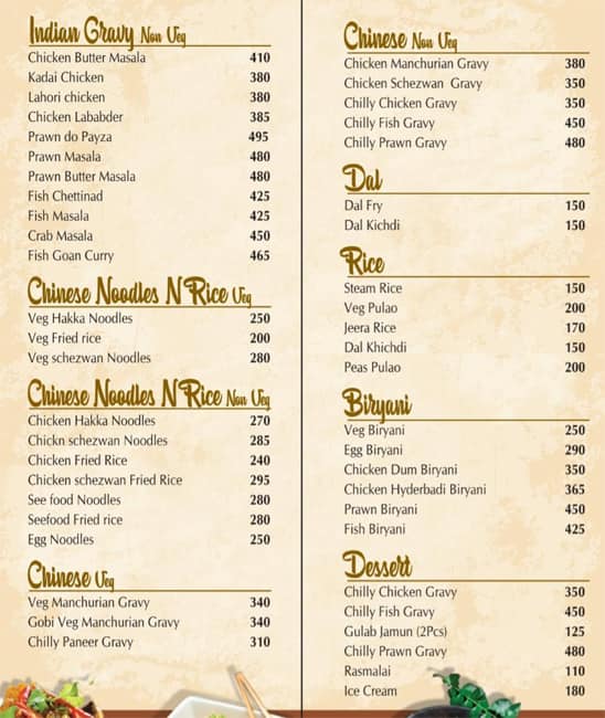 Menu of The Luxor, Port Blair Locality, Port Blair
