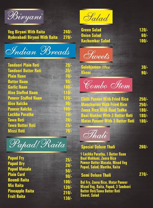 Menu of Braj Ki Rasoi, Gomti Nagar, Lucknow