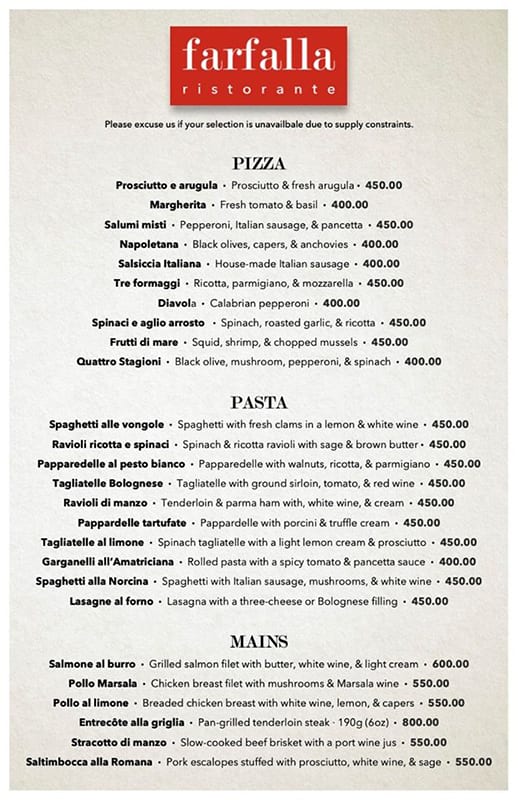 Menu at Farfalla restaurant, Makati