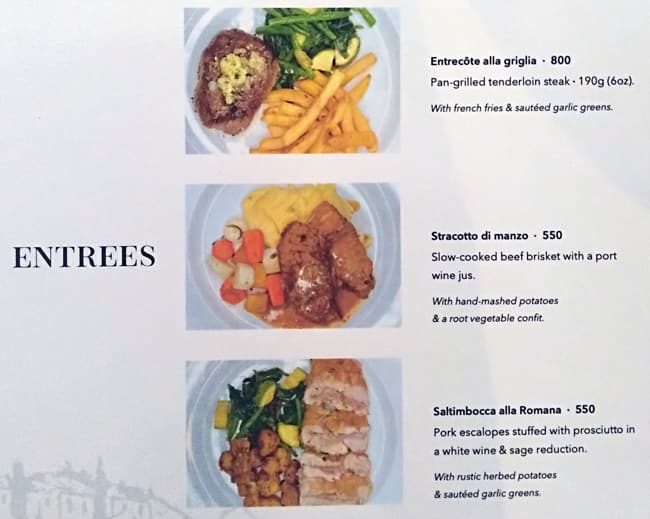 Menu at Farfalla restaurant, Makati