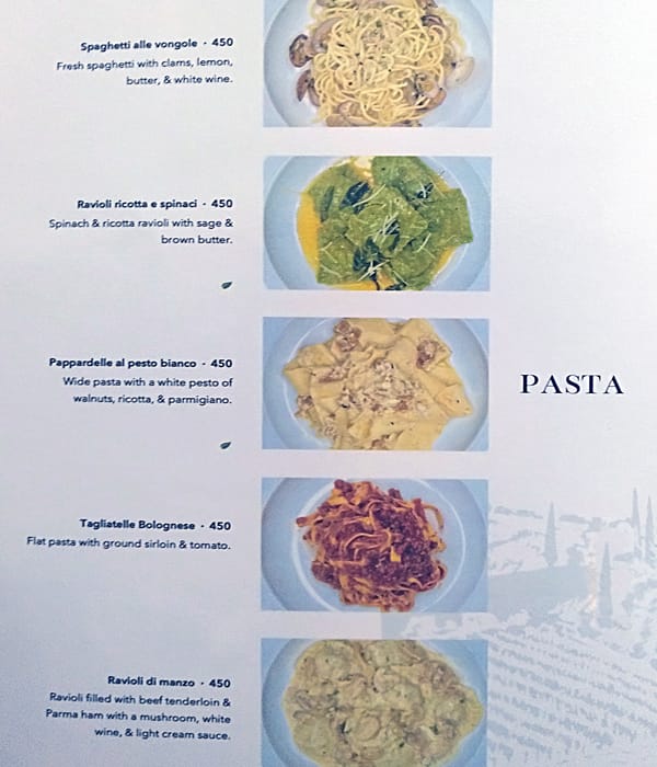 Menu at Farfalla restaurant, Makati