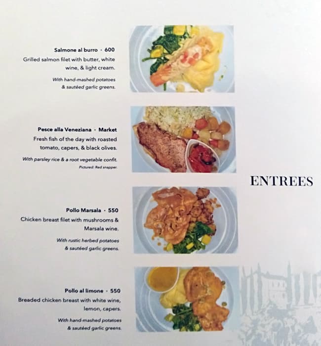 Menu at Farfalla restaurant, Makati