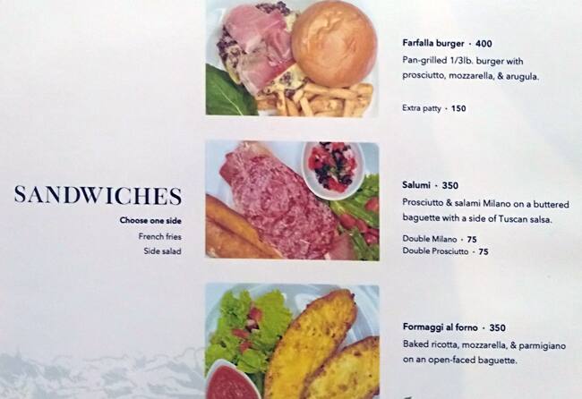 Menu at Farfalla restaurant, Makati