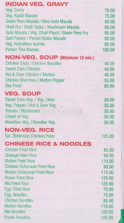 Menu at Shalimar, Chennai, 180