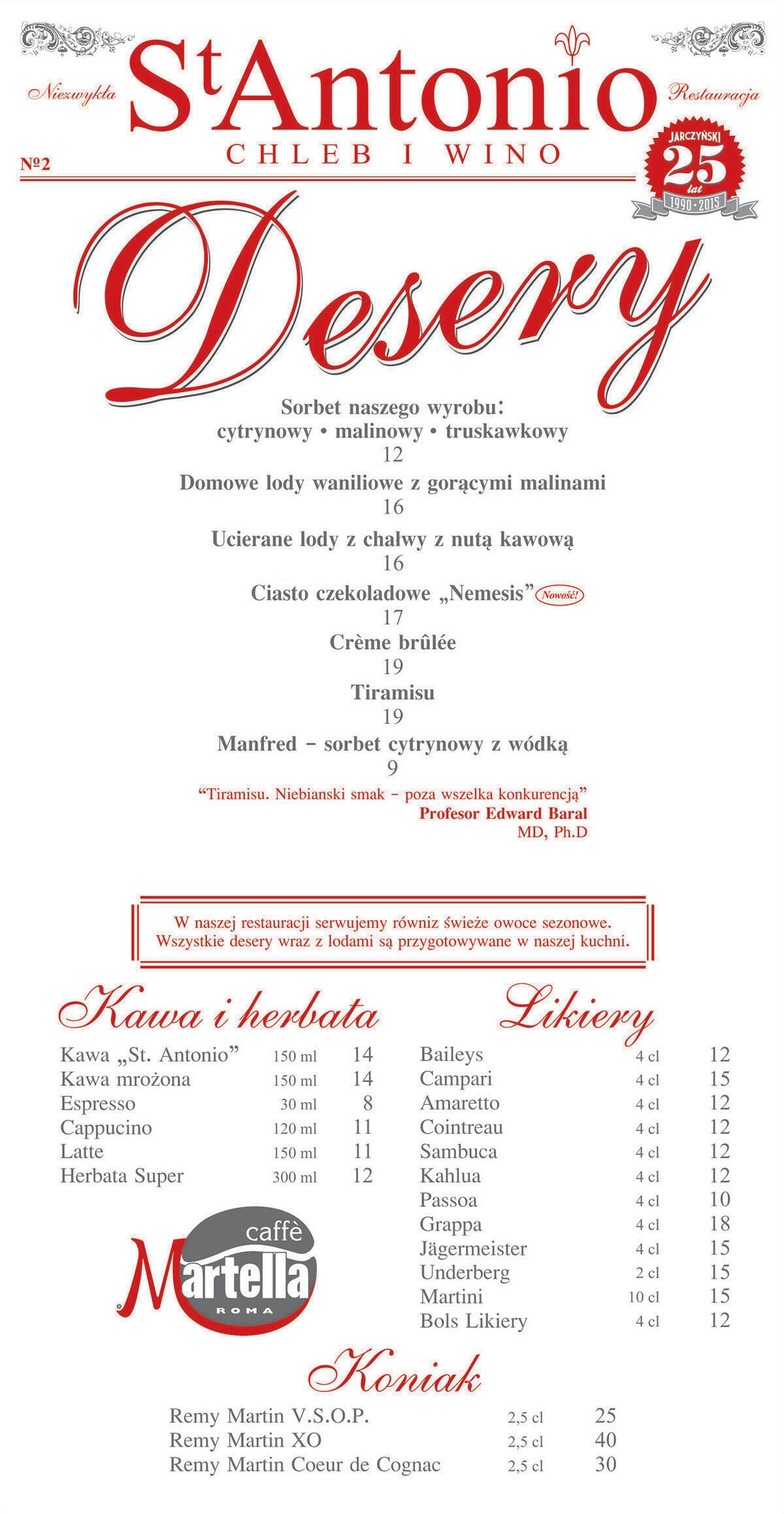 Menu at St. Antonio restaurant, Warsaw