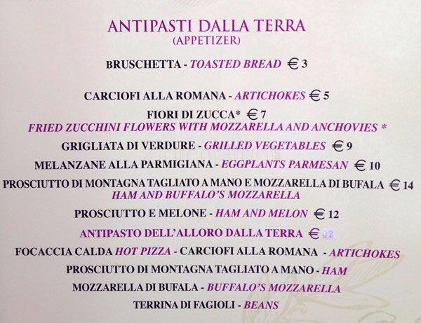 Menu at Osteria dell'Alloro restaurant, Rome