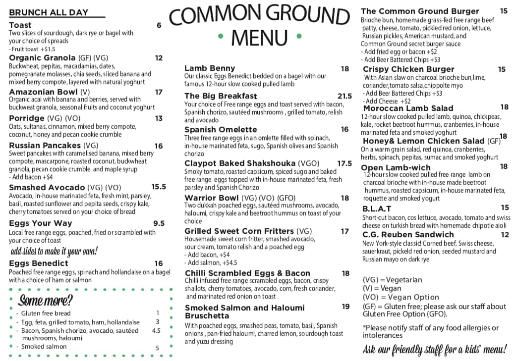 Menu at Common Ground restaurant, Ormond