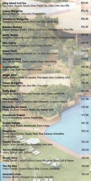 Menu at Cabanas Pool Bar, Sun City