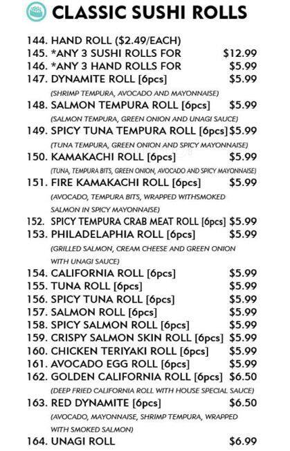 Menu at Sushi Bay restaurant, Toronto