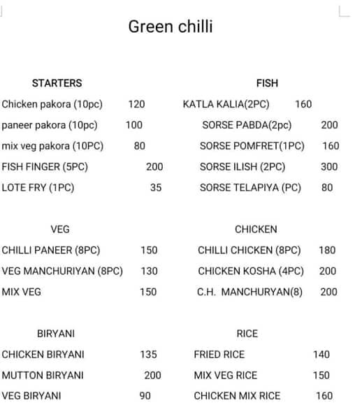 Menu of Green Chilli, Naktala, Kolkata