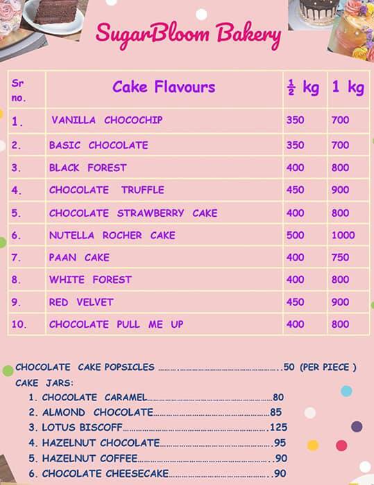 Menu of Sugarbloom Bakery, Dahisar East, Mumbai