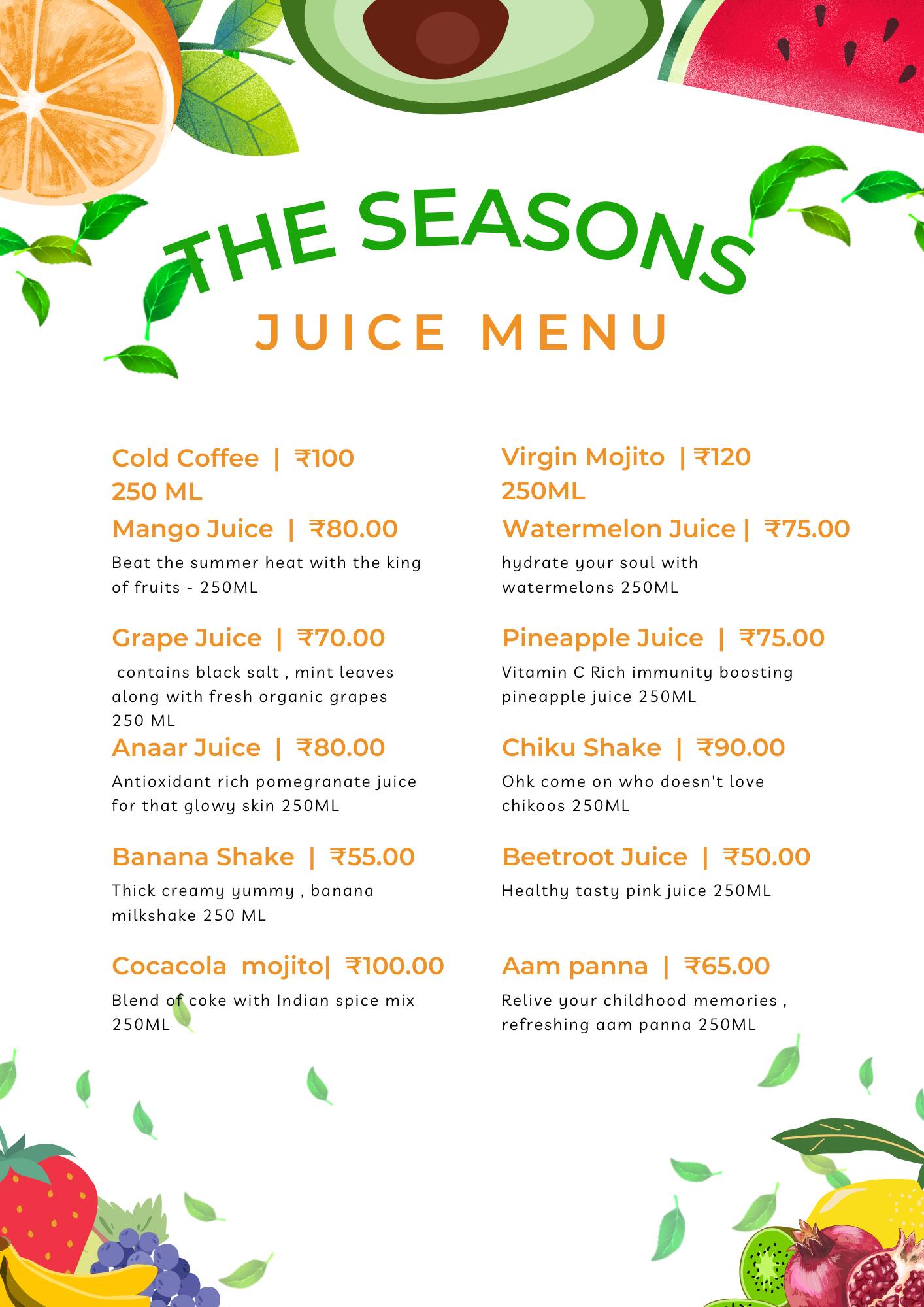 Menu of The Seasons, Airport Road, Indore