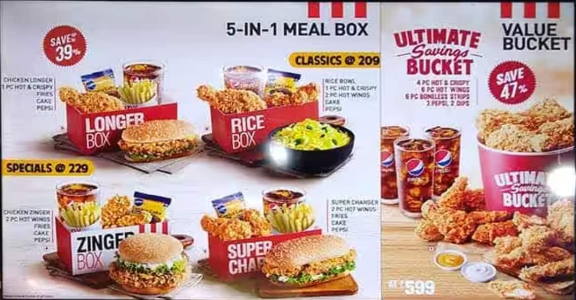 Menu of KFC, Vapi Locality, Vapi