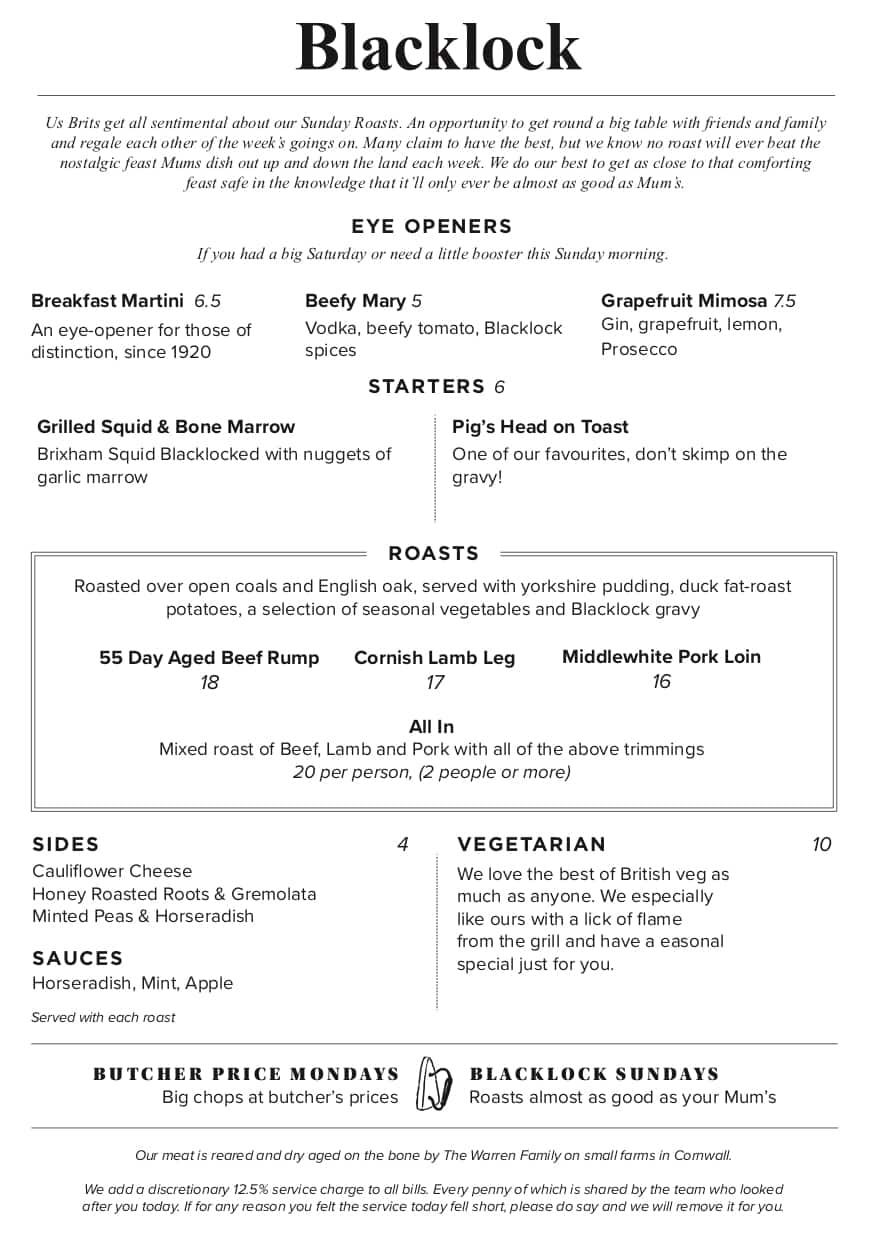 Menu at Blacklock Soho pub & bar, London, 24 Great Windmill St