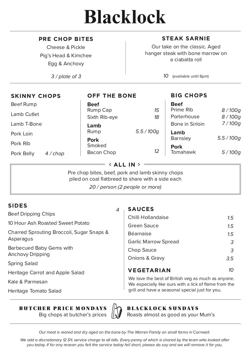 Carta del pub y bar Blacklock Soho, Londres, 24 Great Windmill St