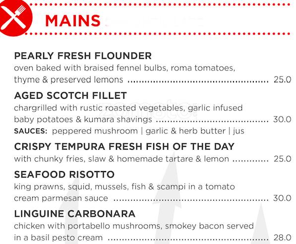 Menu at Sin City, Auckland