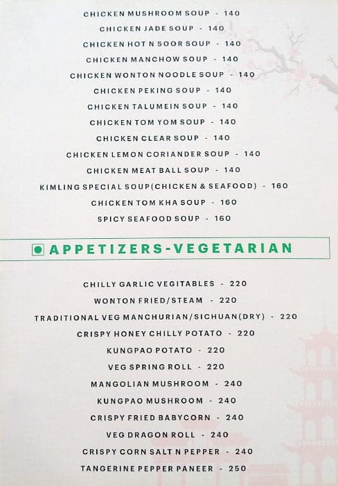 Menu of Kimling, Wanowrie, Pune