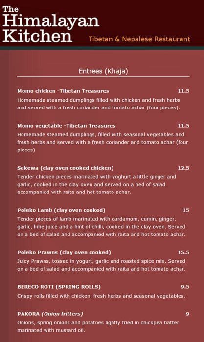 Menu at Himalayan Kitchen restaurant, North Adelaide
