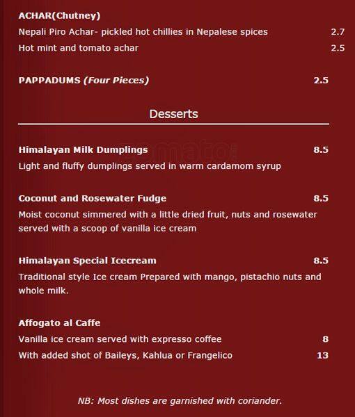 Menu at Himalayan Kitchen restaurant, North Adelaide