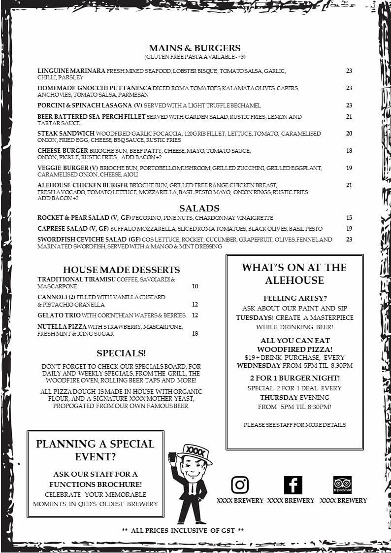 Menu at XXXX Ale House & Brewery Tours restaurant, Milton