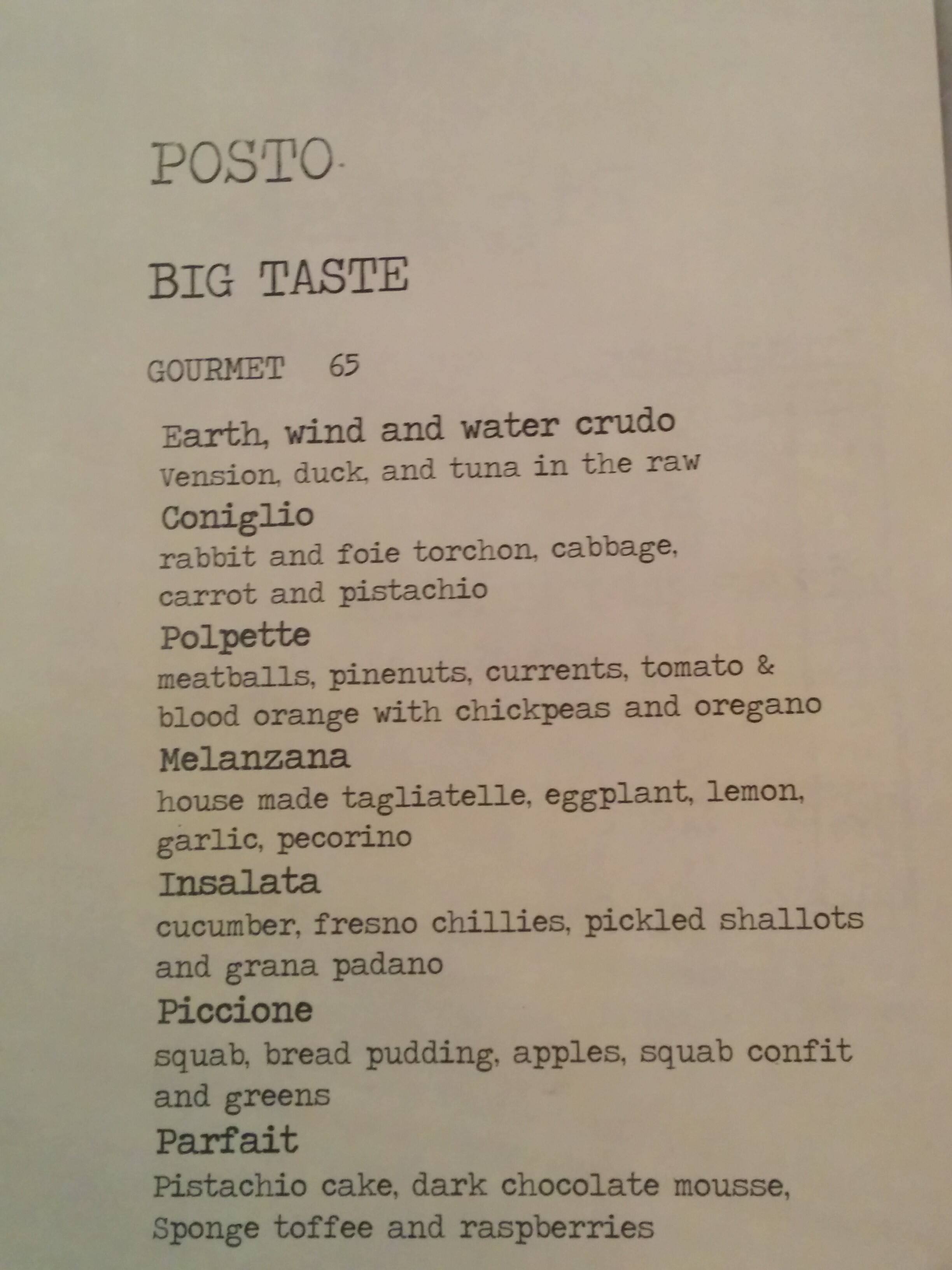 Menu at Posto Pizzeria & Bar, Calgary
