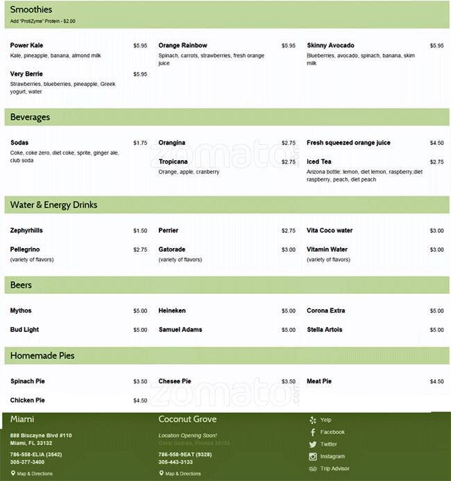 Menu at Elia Gourmet restaurant, Miami, 900 Biscayne Blvd Ste 105
