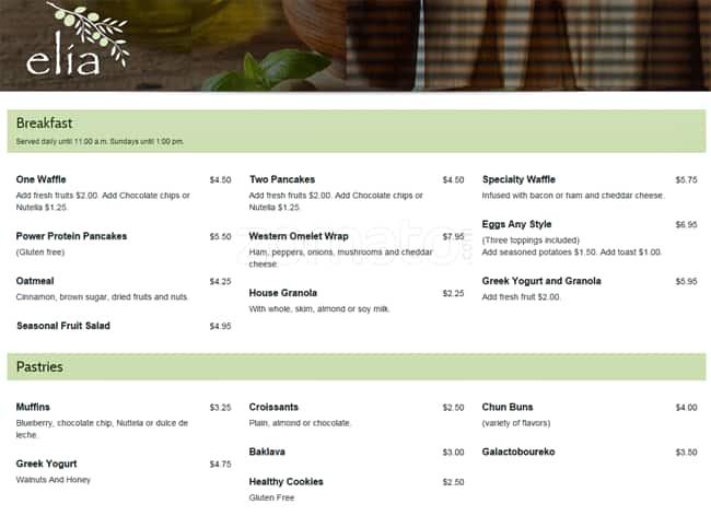 Menu at Elia Gourmet restaurant, Miami, 900 Biscayne Blvd Ste 105