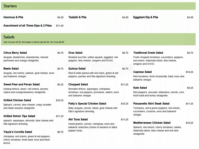 Menu at Elia Gourmet restaurant, Miami, 900 Biscayne Blvd Ste 105