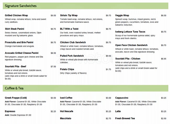 Menu at Elia Gourmet restaurant, Miami, 900 Biscayne Blvd Ste 105