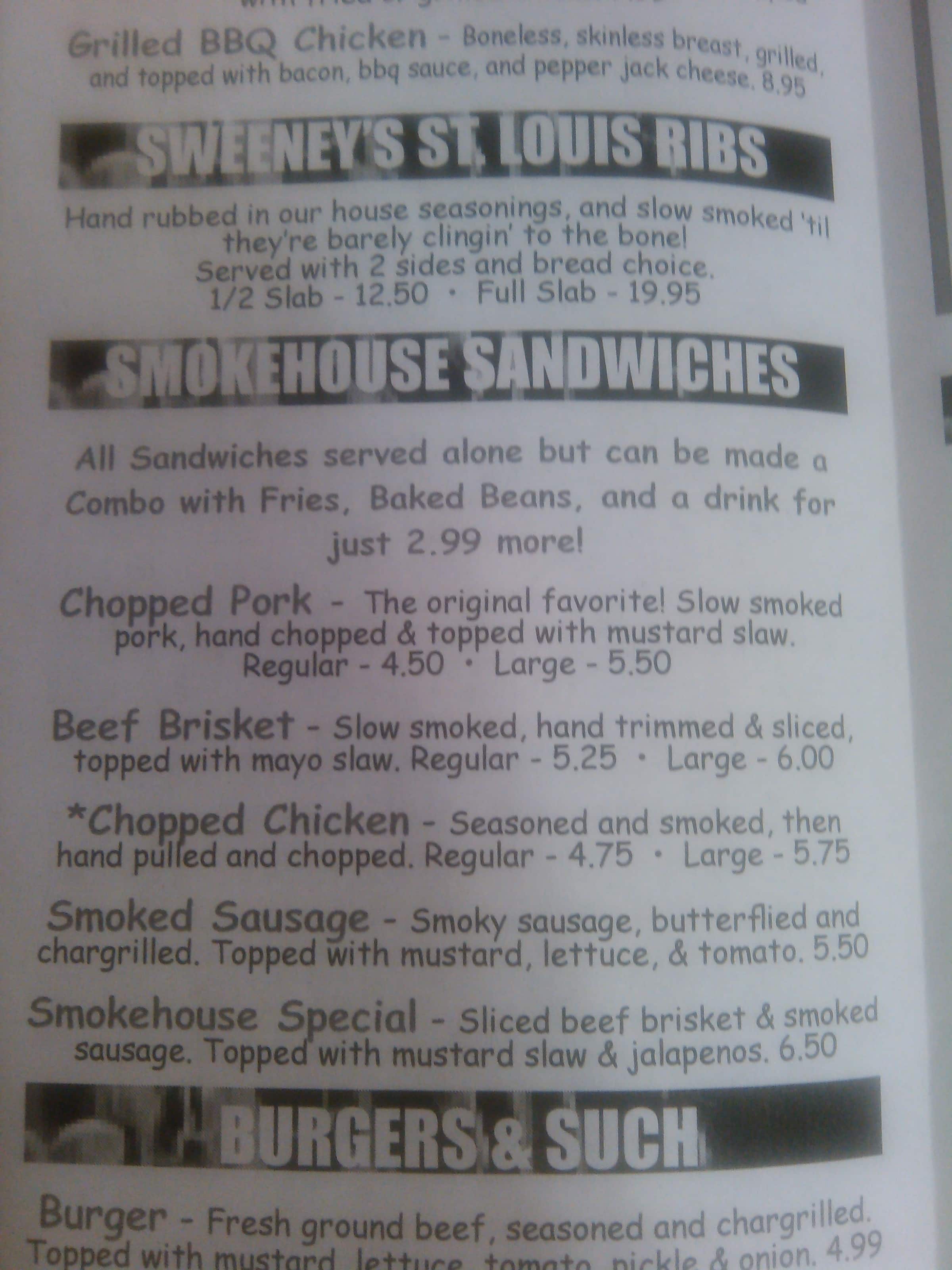 Menu at Sweeney's Pit Bar-B-Q, Harrison