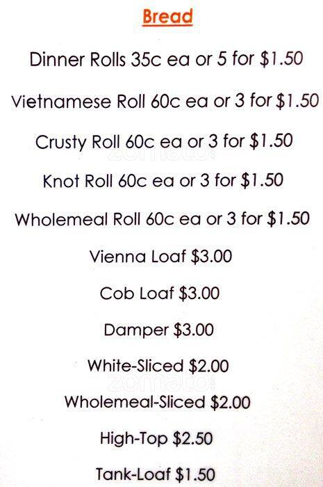 Menu at Fulham Gardens Bakery, Adelaide