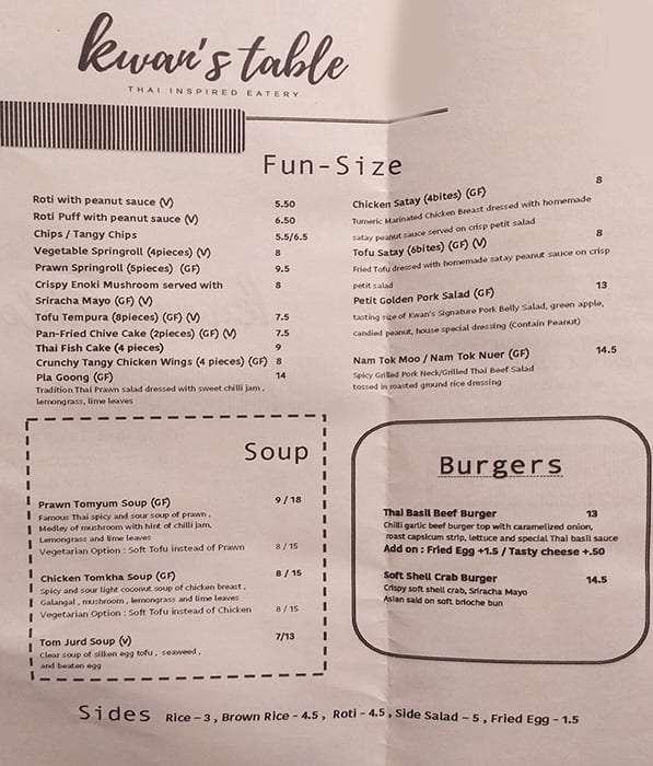 Menu at Kwan's Table cafe, Saint Kilda