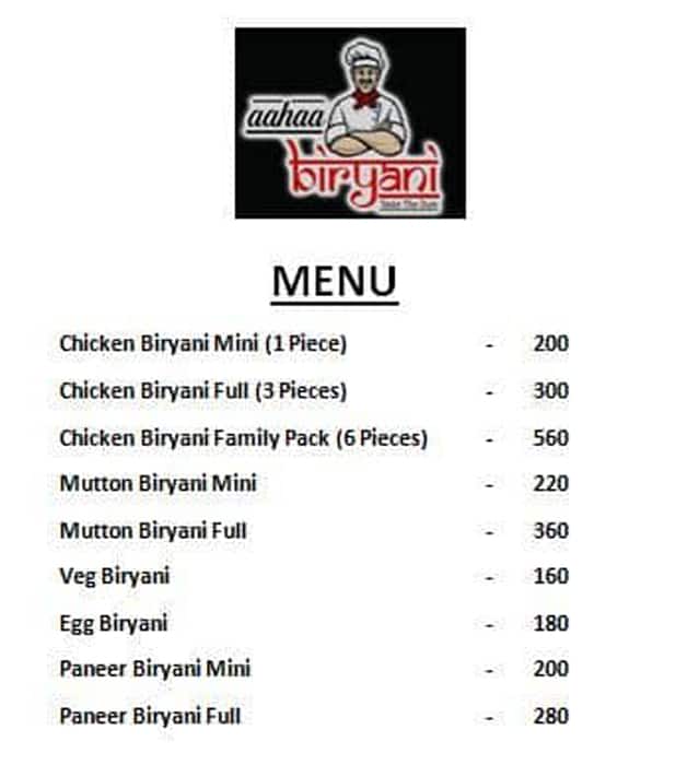 Menu of Aahaa Biryani, Kompally, Hyderabad