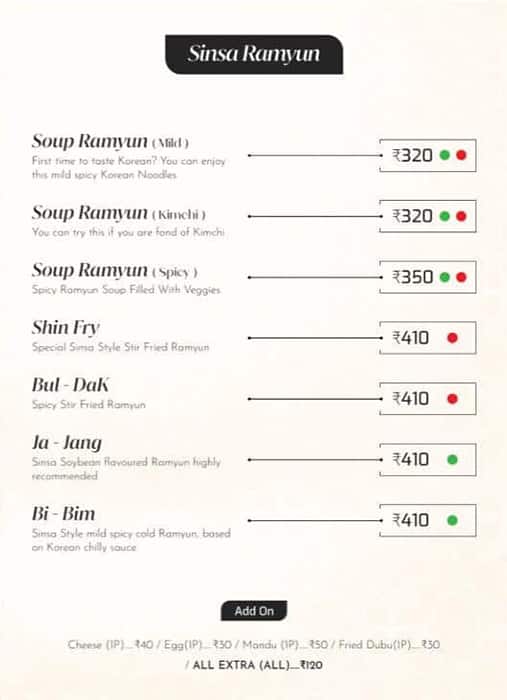 Menu at Sinsa Seoul Cafe, New Delhi