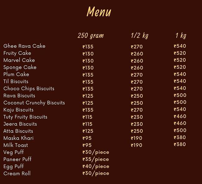 Menu at Bangalore Iyengar's Bakery, Mumbai, Goandevi Prasad Building