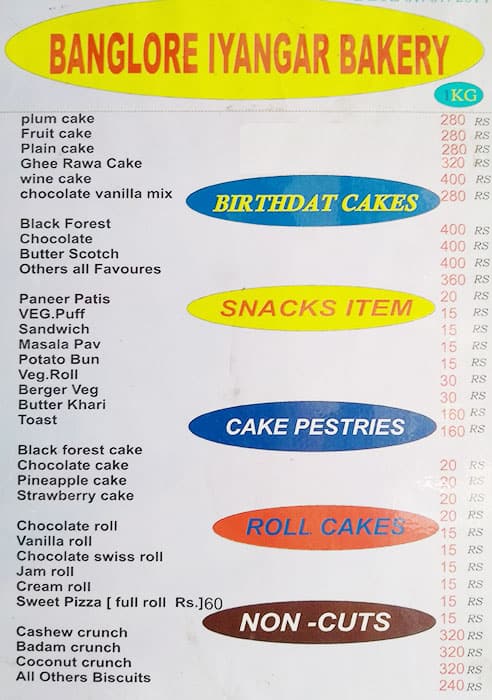 Menu at New Bangalore Iyengar's Bakery, Navi Mumbai, 1