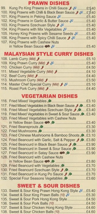 Menu at New Master Chef restaurant, London, 190 Baker St