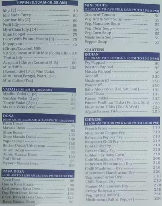 Menu of Namma Veedu Vasanta Bhavan, Nungambakkam, Chennai