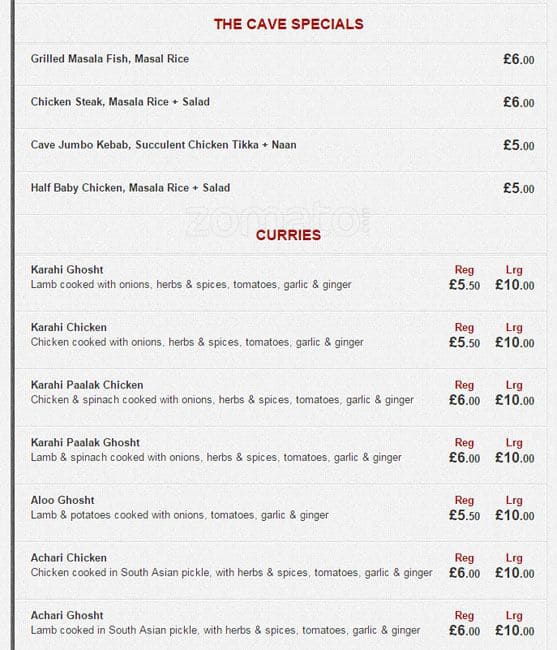 Menu at The Cave Restaurant & Sweets, Smethwick