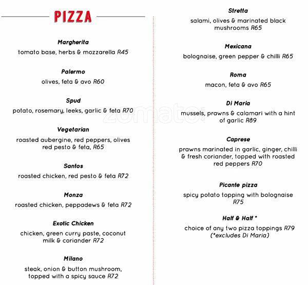 Menu at Comida Eatery restaurant, Durban