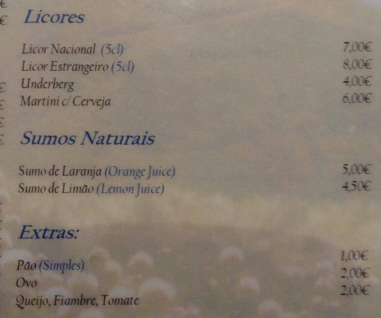 Menu at Roca Bar, Portugal