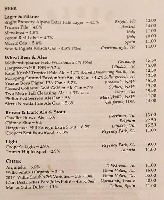 Menu at Siglo pub & bar, Melbourne