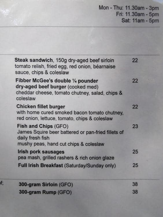 Menu at Fibber McGee's restaurant, Leederville