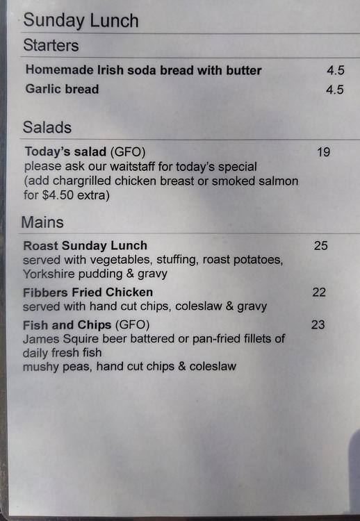 Menu at Fibber McGee's restaurant, Leederville