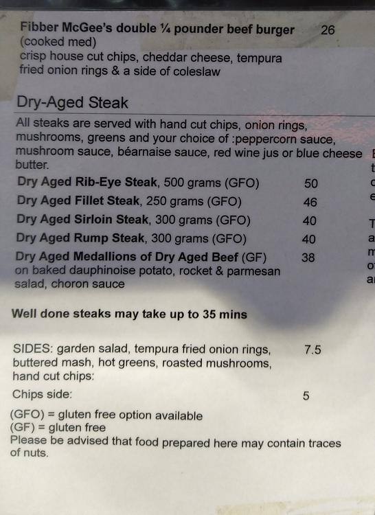 Menu at Fibber McGee's restaurant, Leederville