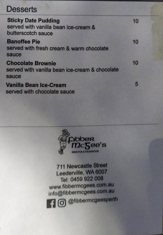 Menu at Fibber McGee's restaurant, Leederville