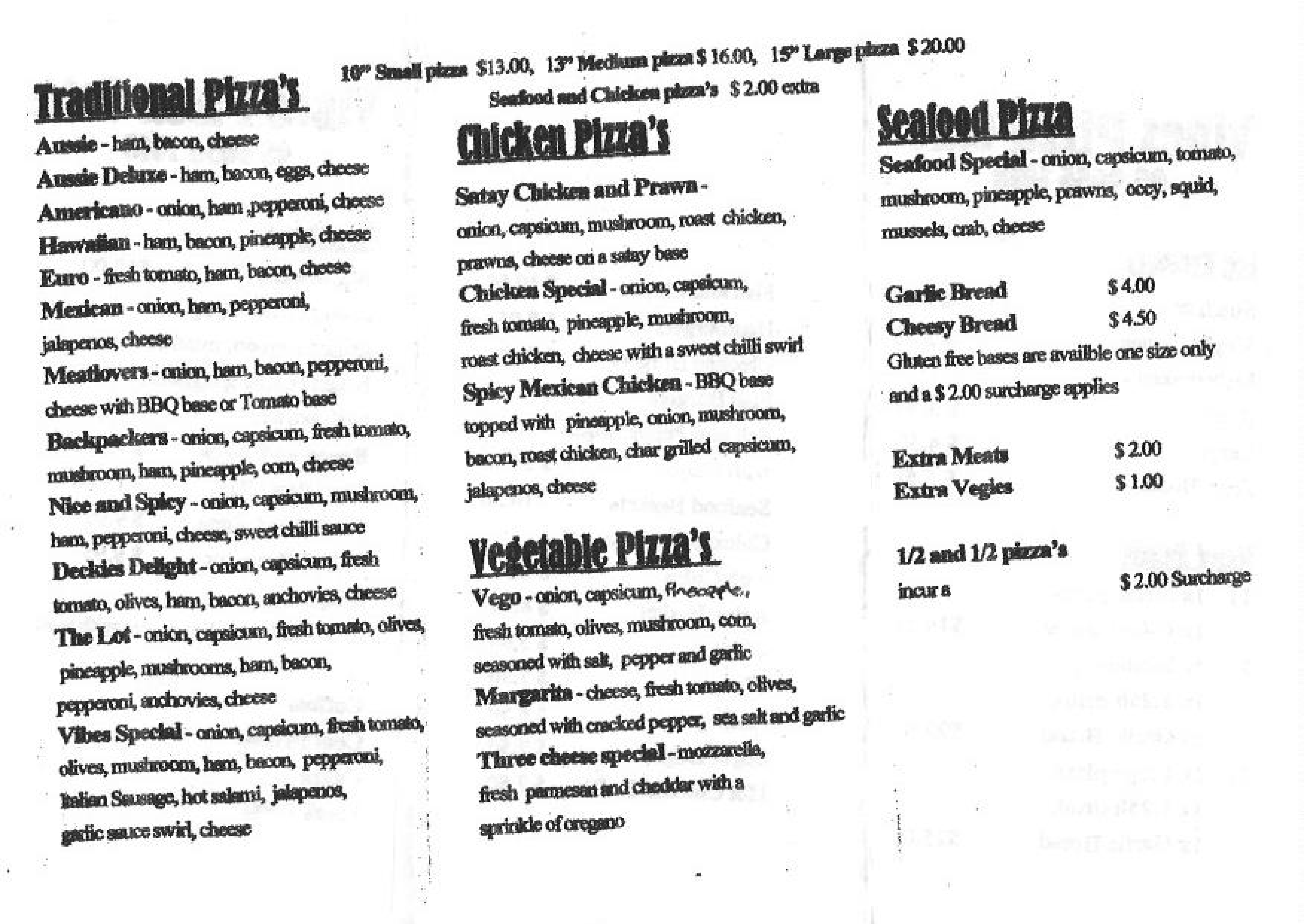 Menu at Vibes Pizza Cafe, Lancelin
