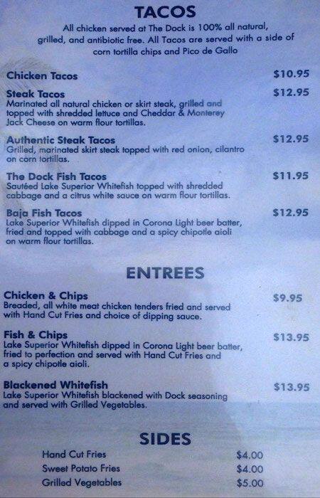 Menu at The Dock at Montrose Beach restaurant, Chicago
